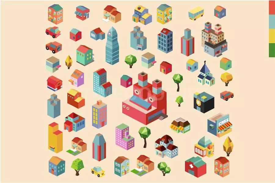 دانلود وکتور ایزومتریک ساختمان Colorful Vector Isometric City تایم کد