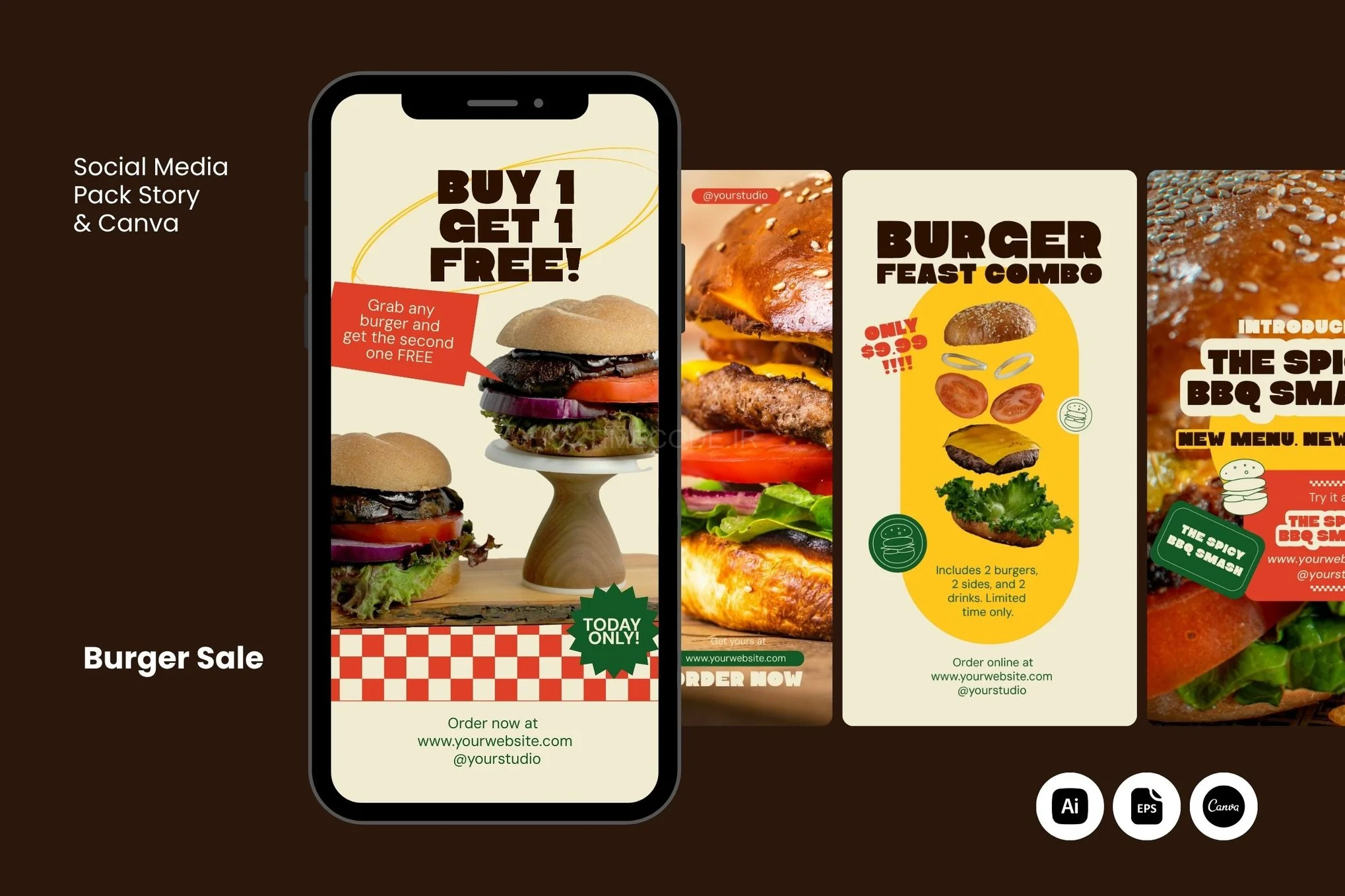 قالب استوری اینستاگرام و کانوا فروش همبرگر Burger Sale - IG Story Pack ...